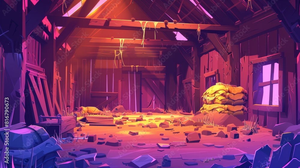 It depicts an old abandoned farm barn interior with broken wooden walls ...