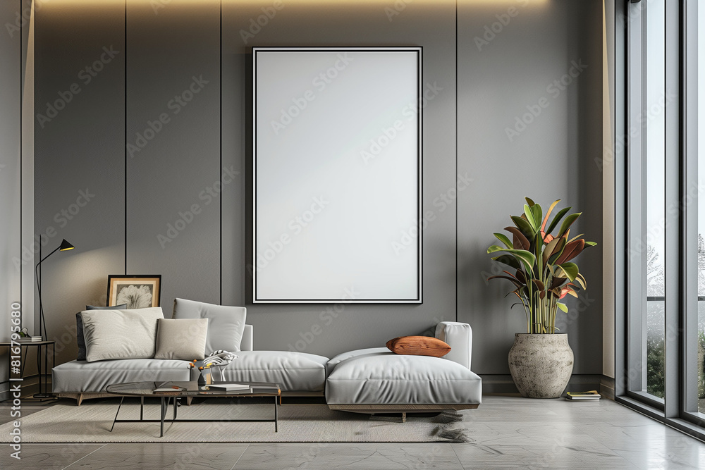 Large wall frame for poster mockup on living room wall. A spacious room ...