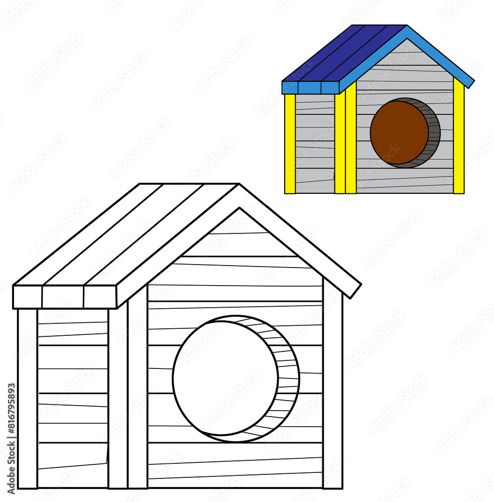 cartoon scene with isolated wooden traditional dog house sketch ...