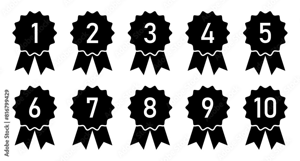 Ranking, medal, ribbon vector icon set in black color. Set of 1st place ...