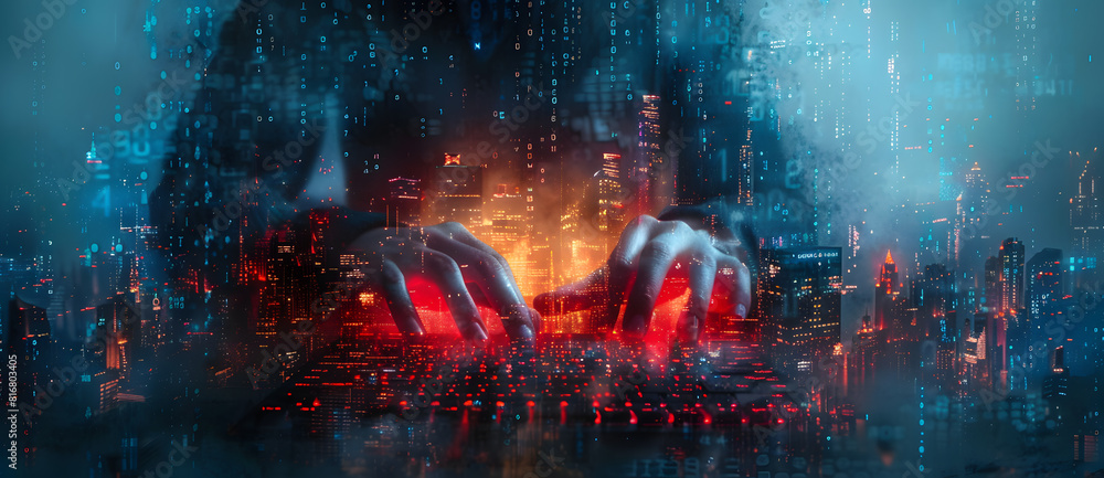 Double Exposure of Person Typing on Keyboard with Digital Cityscape and ...