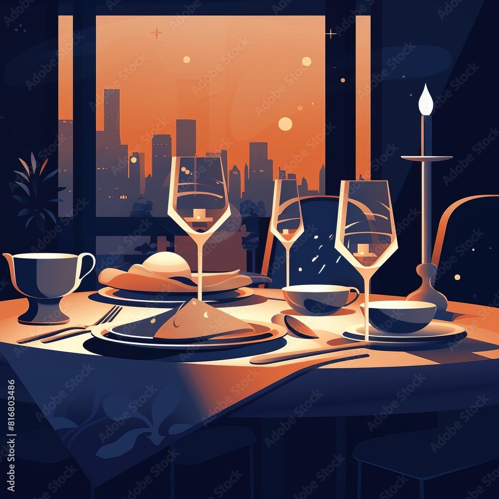 Elegant gourmet dinner setup flat design side view fine dining theme ...