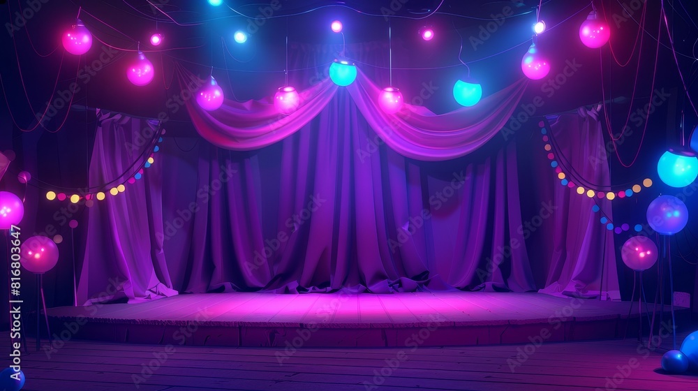 The stage backdrop of a cartoon circus night arena is draped on a ...