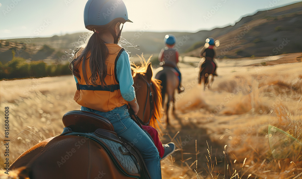 Lively and joyful scene of children riding horses, evoking an ...