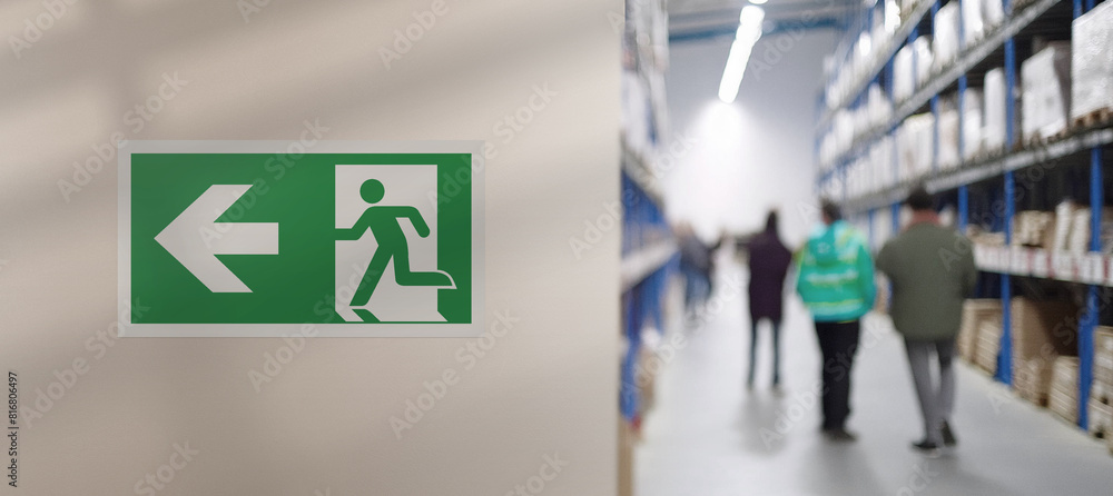 Interior internal corridor of modern warehouse. On the left, an ...