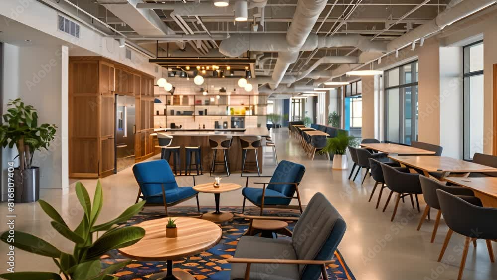 A stylish and inviting office break room featuring a kitchenette ...