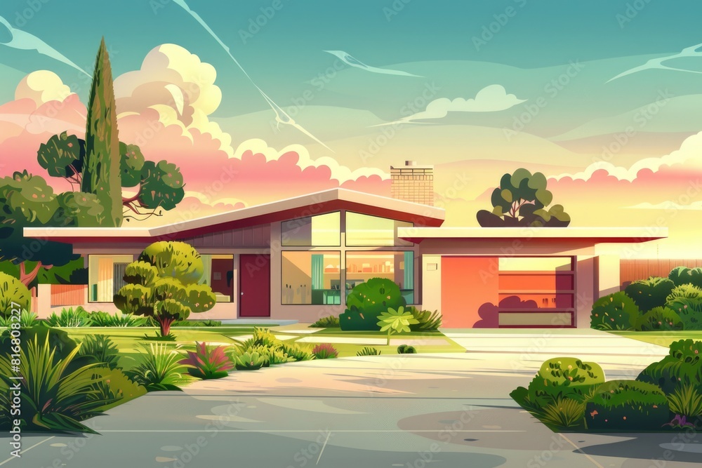 A charming cartoon house with a driveway surrounded by trees. Perfect ...