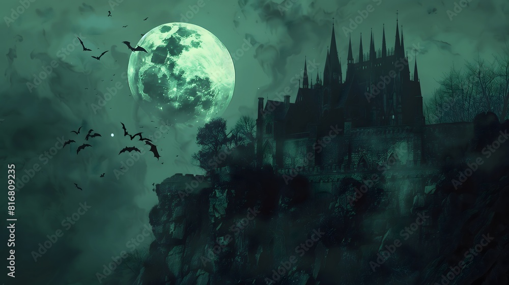 Gothic castle on a cliffside under a full moon with bats flying around ...