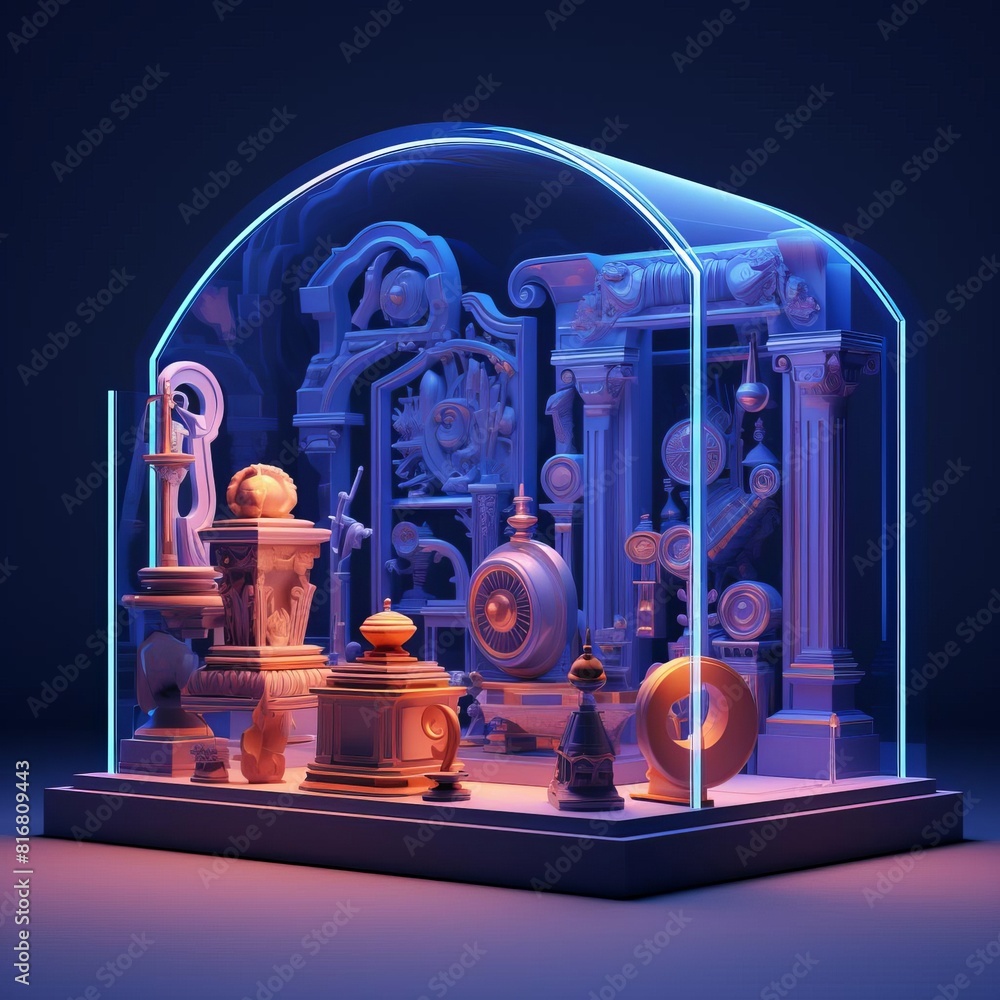 Sleek enchanted artifacts in museums flat design side view preserved ...