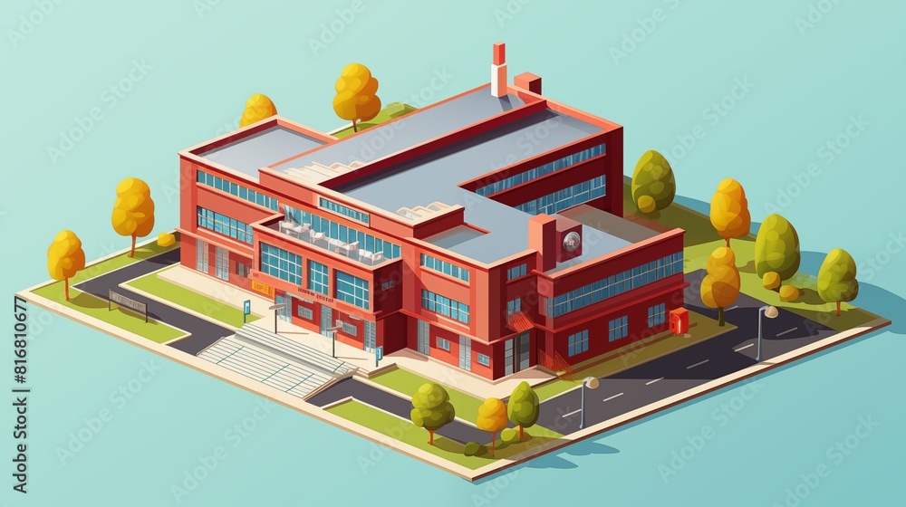 Detailed 3D isometric school building vector graphic, showcasing modern ...