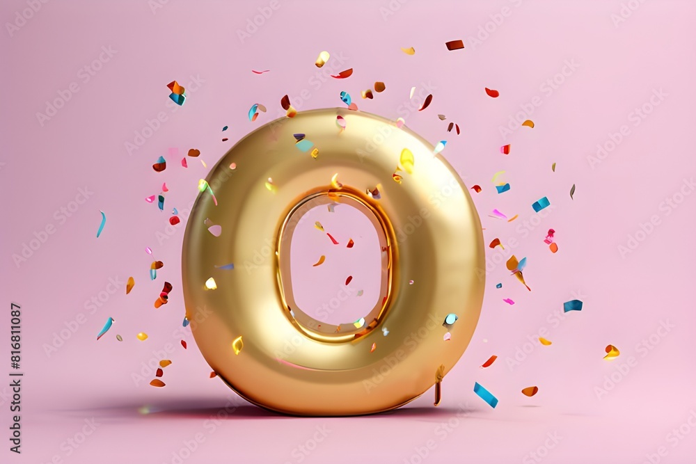 Gold number 0 on pink background with confetti. A festive celebration ...