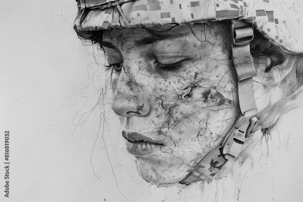 poignant pencil sketch portraying a female soldiers emotional battle ...