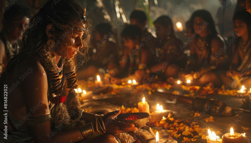 A solemn ritual where a ruby amulet is passed down from an elder to a ...