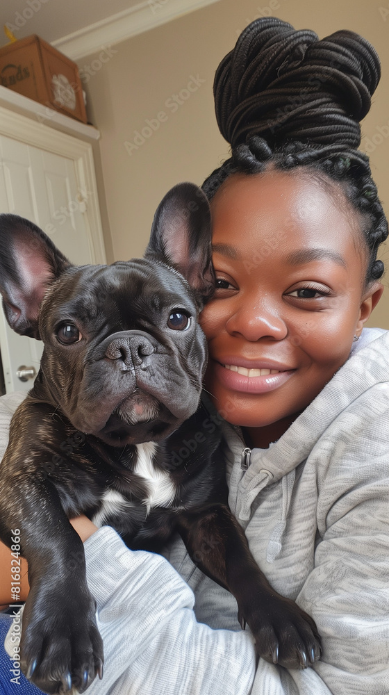 Foto de Selfie of a happy black woman cuddling her frenchie dog at home ...
