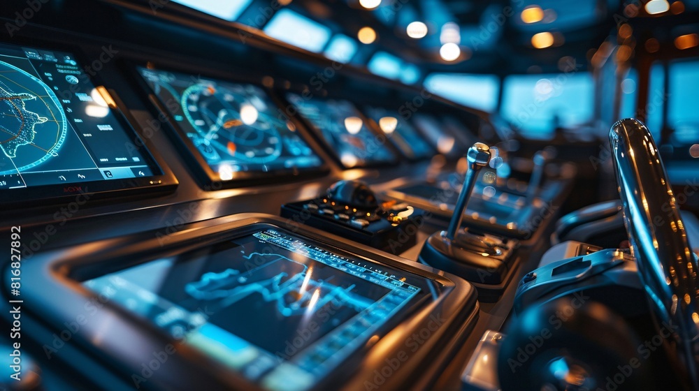 A view showing the dashboard instrumentation of a ship at sea with ...