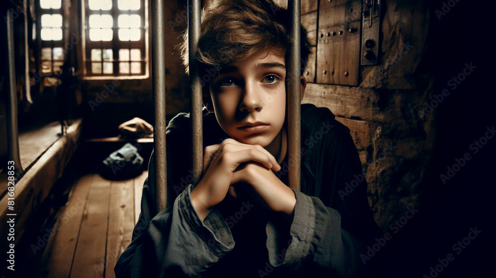 Young boy the teenager sitting behind bars in prison prisoner in a ...