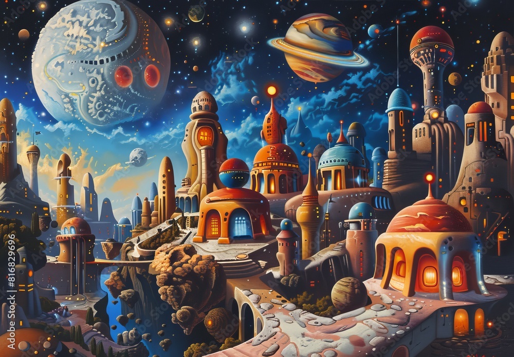 An imaginative painting depicting humans exploring outer space ...