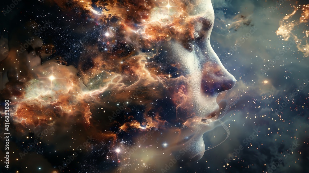Surreal portrait, human face merging with a galaxy, stars and nebulae ...