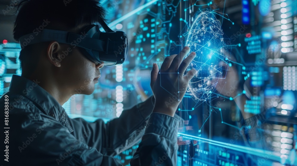 A cybersecurity analyst using augmented reality to visualize network ...