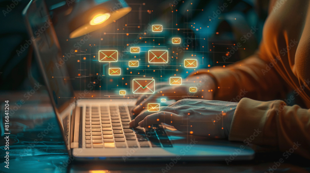 Person types letter on computer. Letter icons are flying around ...