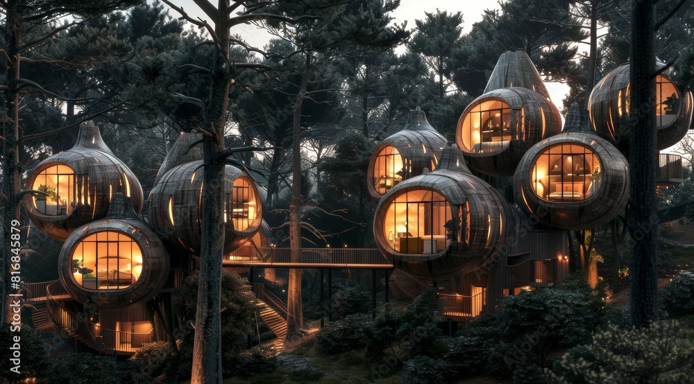 front view of several connected treehouses in the form of two floors ...