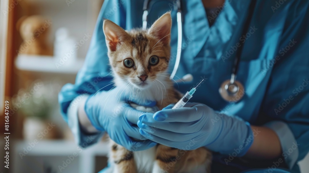 Kitten Receiving Vaccination at Vet's Office. A young kitten ...