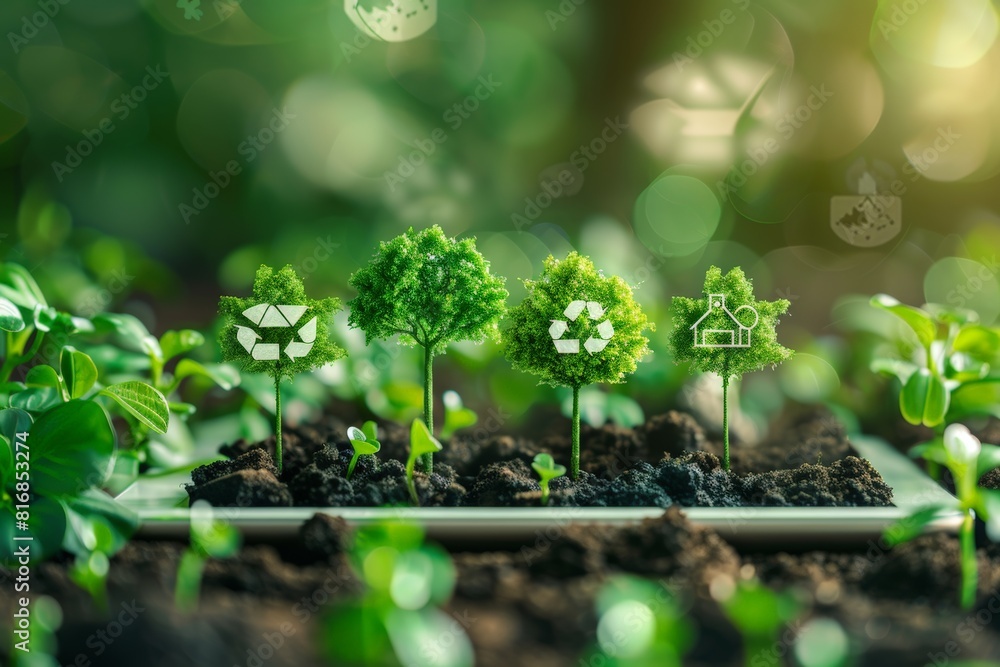 Foto de Three small trees with recycling symbols growing from soil ...