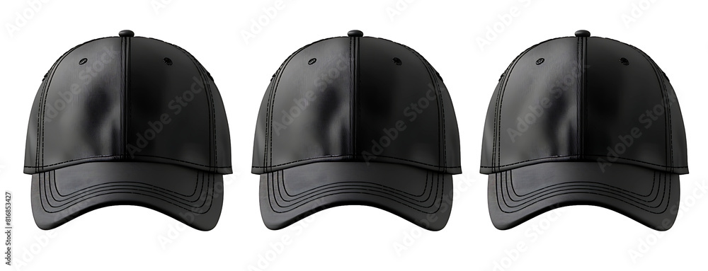 Set of black front and side view hat baseball cap on transparent ...