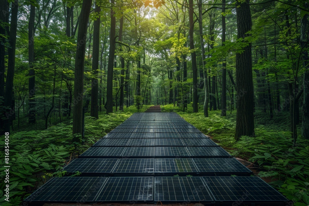 Pathway lined with solar panels in a dense forest. Tall trees create a ...