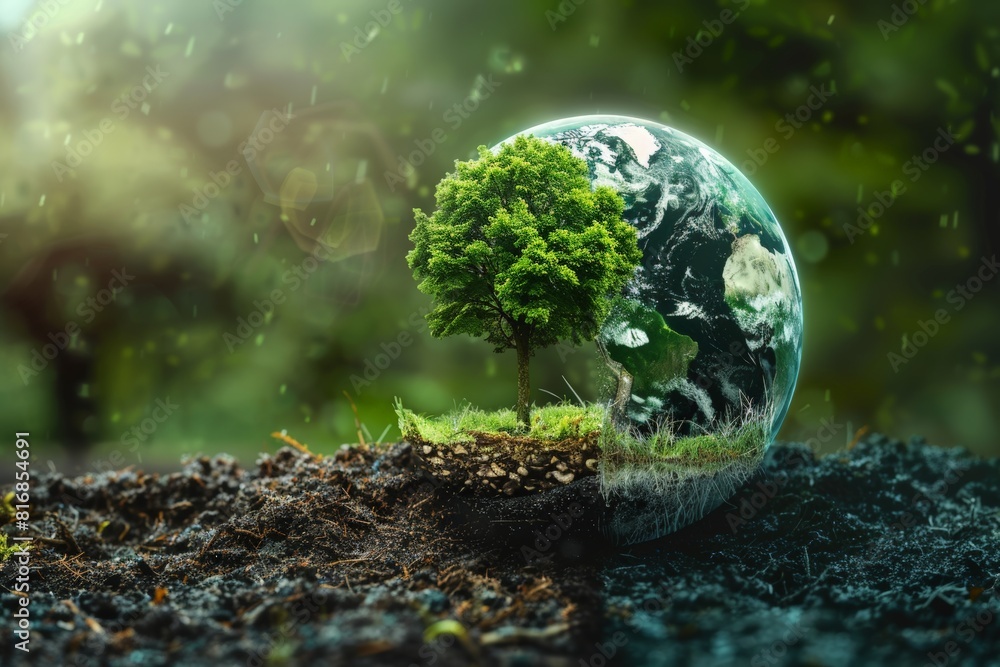 Tree growing from Earth depicted as half lush greenery, half barren ...