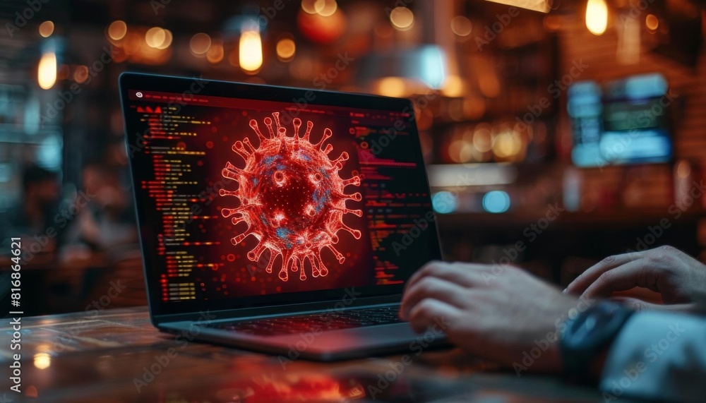 Office worker's laptop screen showing a virus alert, detailed with ...