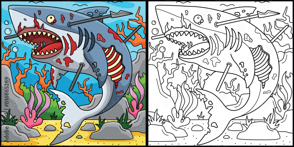 Zombie Shark Coloring Page Colored Illustration Stock Vector | Adobe Stock