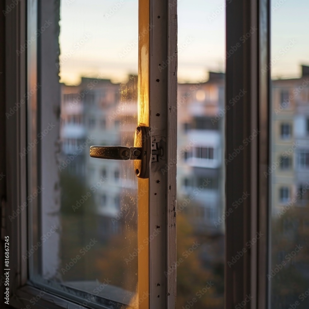 Handle with a lock on window, child protecting from falling out of ...