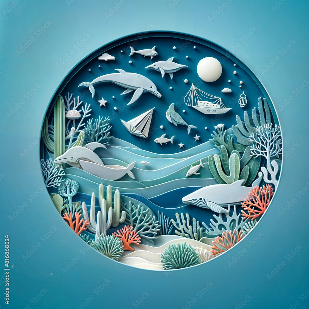 world ocean day banner set with dolphin silhouette. Underwater world ...