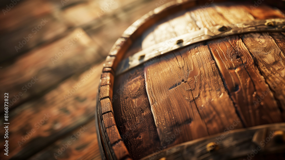 Close-up of a traditional wooden barrel with metal bands, showcasing ...