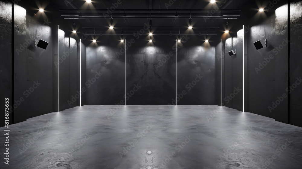 Minimalist black room with dark walls and floor, illuminated by ceiling ...