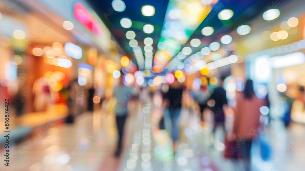 Blurred image of a busy shopping mall with colorful lights and people ...