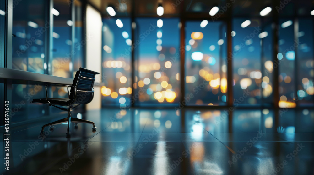 An empty modern office at night with one office chair facing large ...