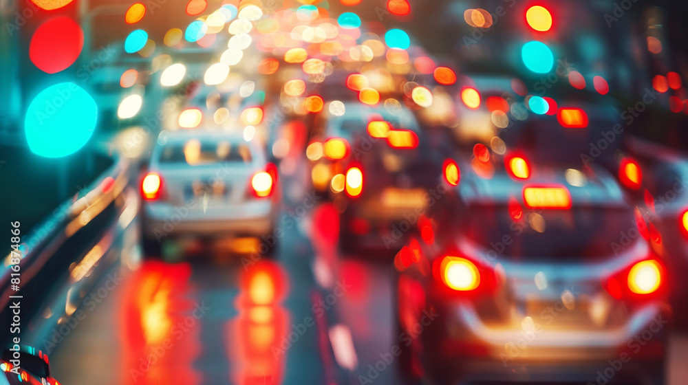 Blurred image of heavy traffic at night with colorful bokeh lights from ...
