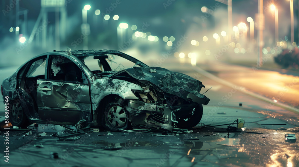 Poster A heavily damaged car is depicted on a deserted road at night, its front section mangled ...
