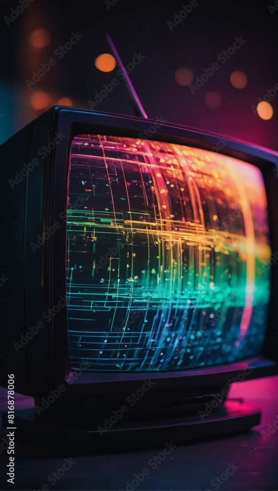 Dynamic Visual Effects, Glitch Noise and Neon Glow on CRT TV Stock ...
