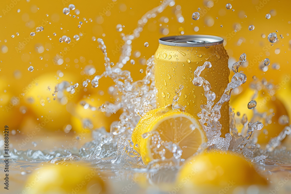 An invigorating can of lemon soda amidst a dynamic splash of water, surrounded by fresh whole ...