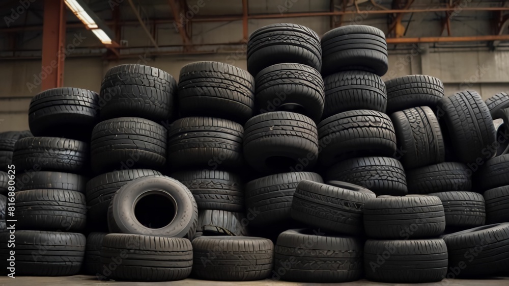 Piles of car tires in factory storage area. Concept Industrial Waste ...