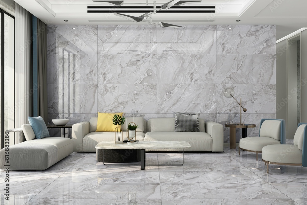 Modern living room with mezzanine image, grey marble floor decorate ...