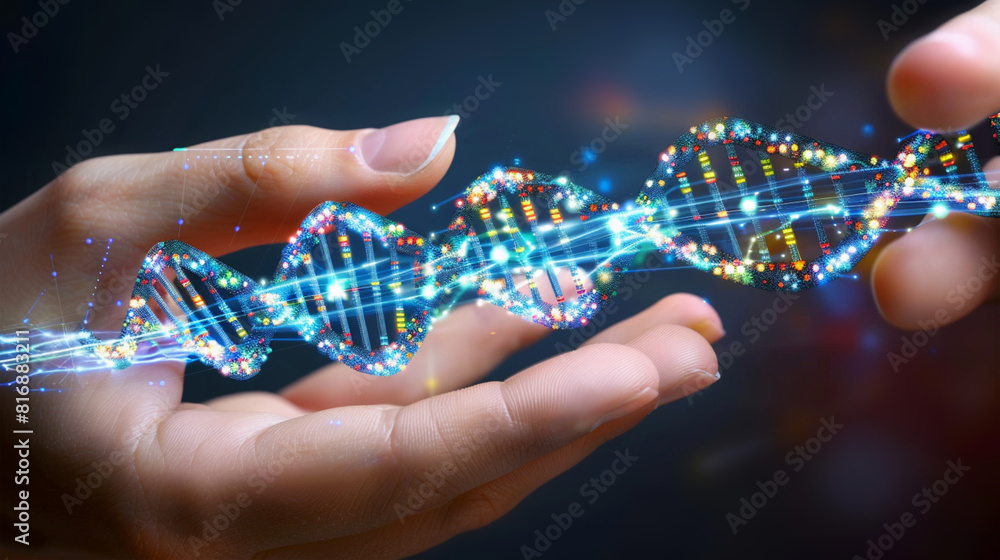 Two person hands holding a DNA Symbol molecules. Digital DNA sequence ...