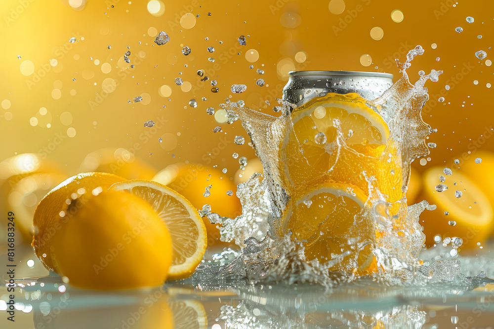 An invigorating can of lemon soda amidst a dynamic splash of water, surrounded by fresh whole ...