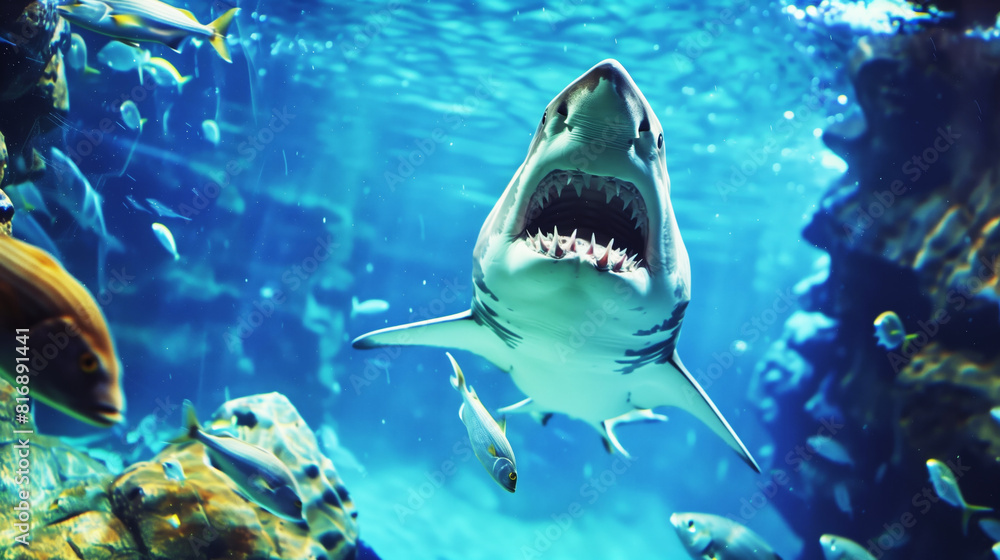 Underwater scene featuring a great white shark with its mouth open ...
