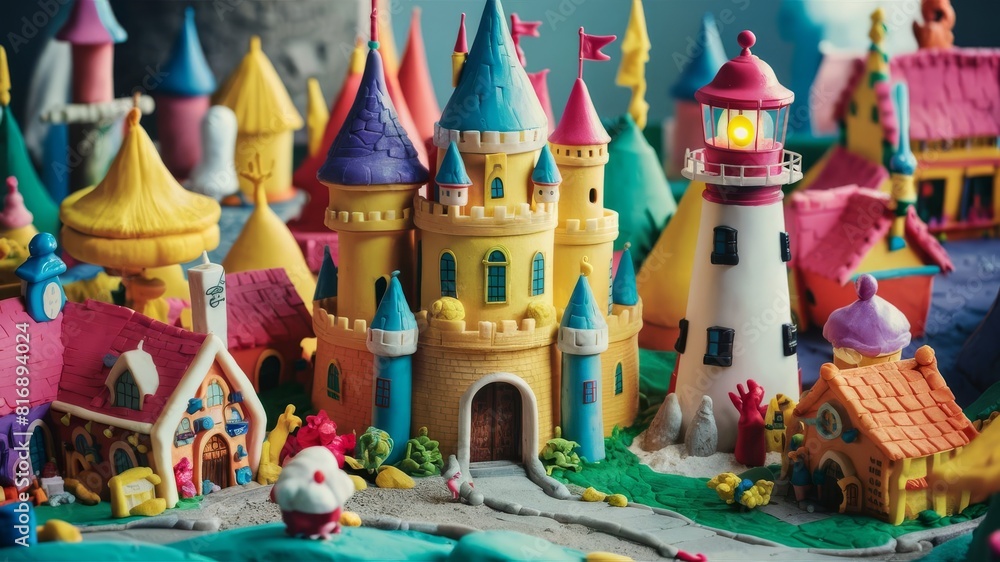 Colorful Miniature modeling clay Village with Castle, Lighthouse, and ...