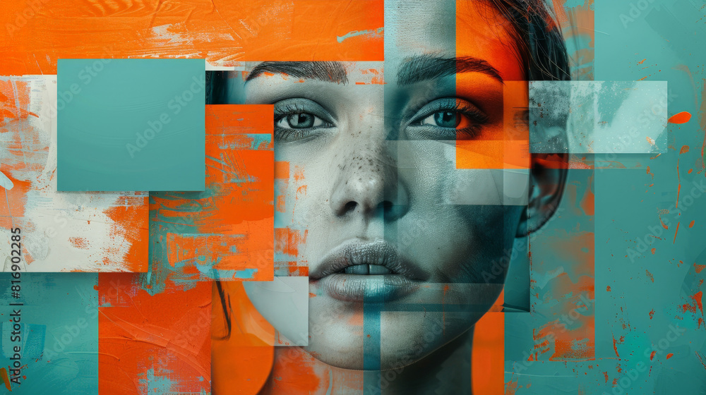 A womans face is fragmented into squares in a unique collage. Each ...