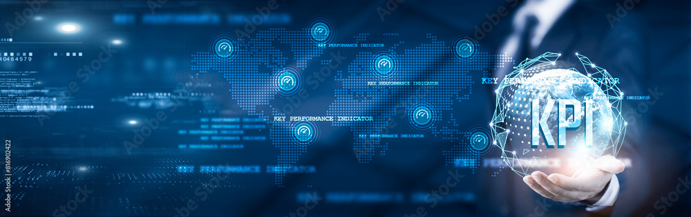 KPIs, Businessman holding global network connection on Key Performance ...